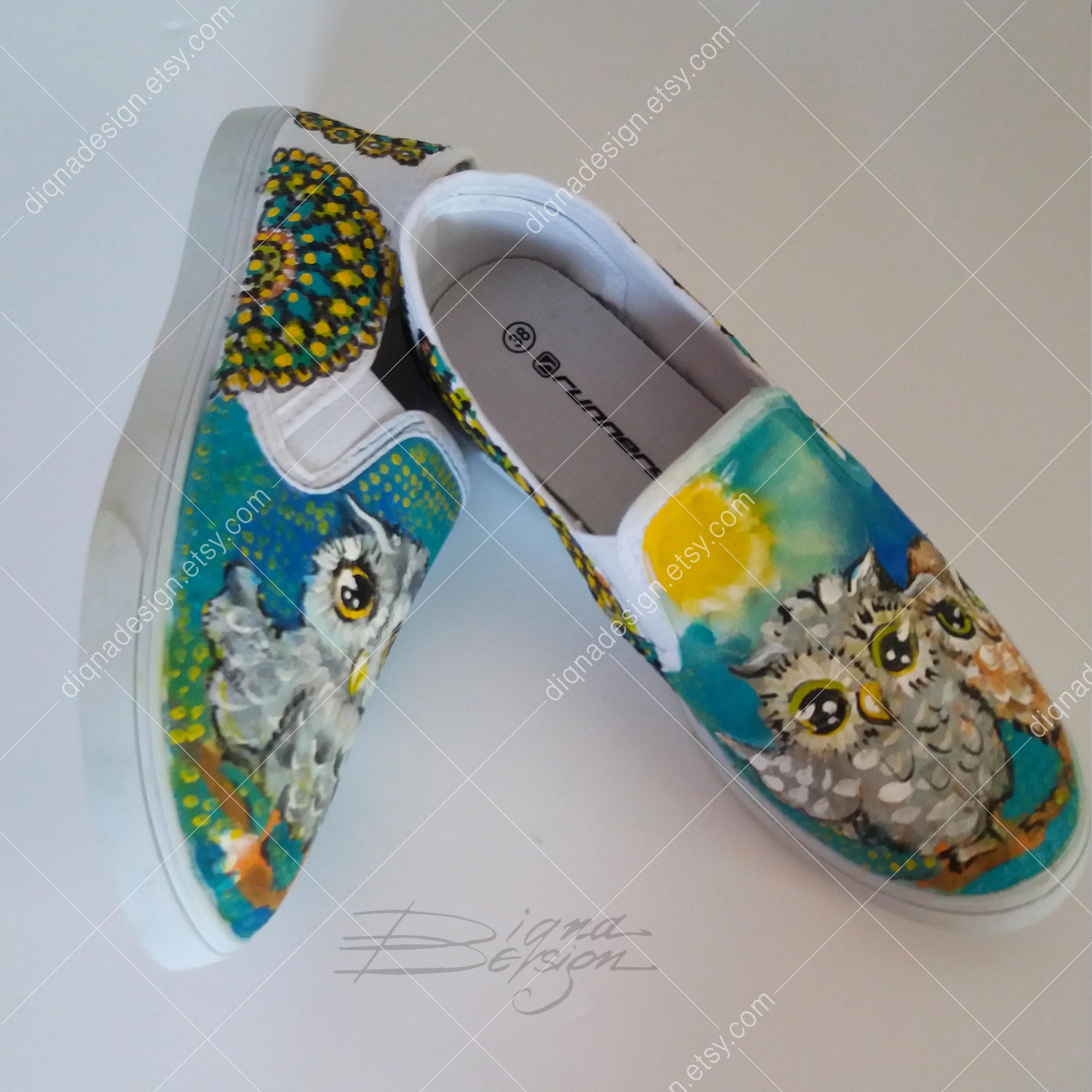 Owl Slip Ons Hadpainted Shoes Mandala Slip on Shoes Hand - Etsy
