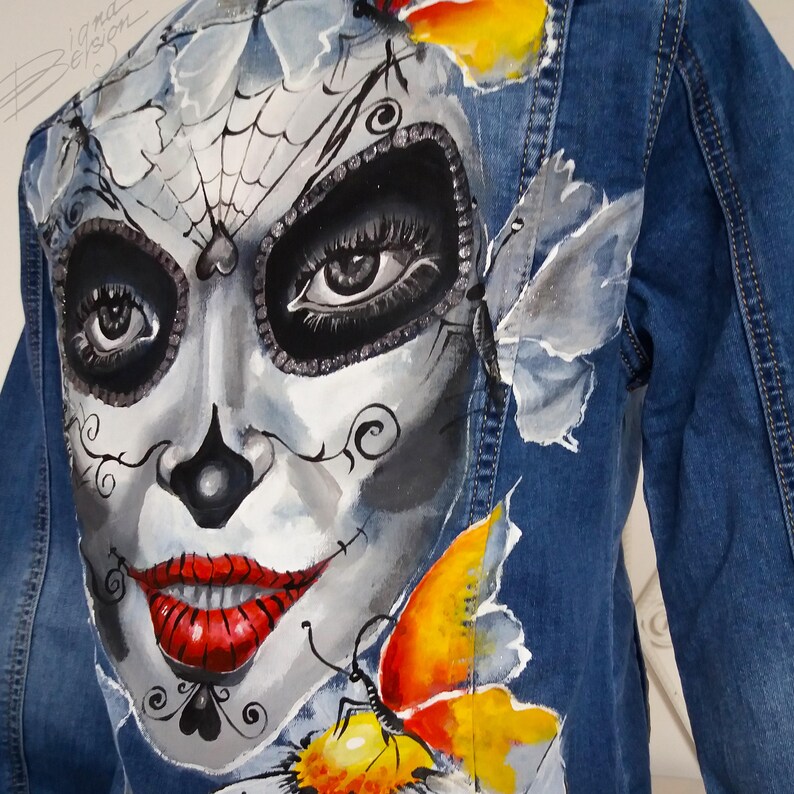 Hand painted Jean Jacket Sugar Skull Jacket Skull Jacket | Etsy