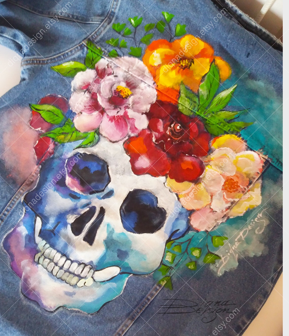 Custom Order Hand painted Jean Jacket Sugar Skull Jacket | Etsy