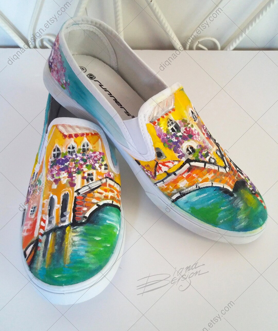 VENICE Art Slip Ons, Hadpainted Shoes, City Slip on Shoes, Hand Painted ...
