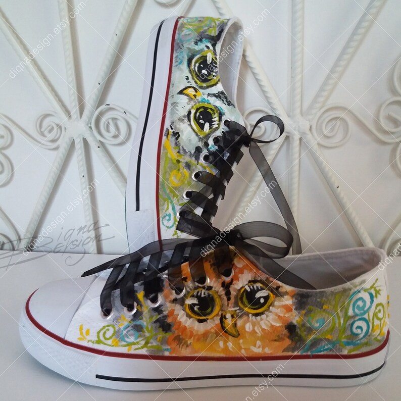 Owl Sneakers Hand Painted Shoes Owls Footwear Animal | Etsy