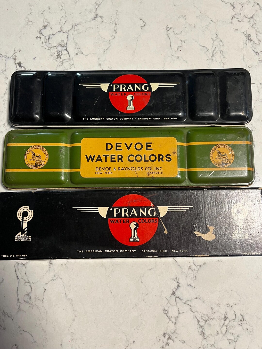 Vintage Watercolor Lot of 3. Devoe Green Paint Tin. Prang Black/red ...