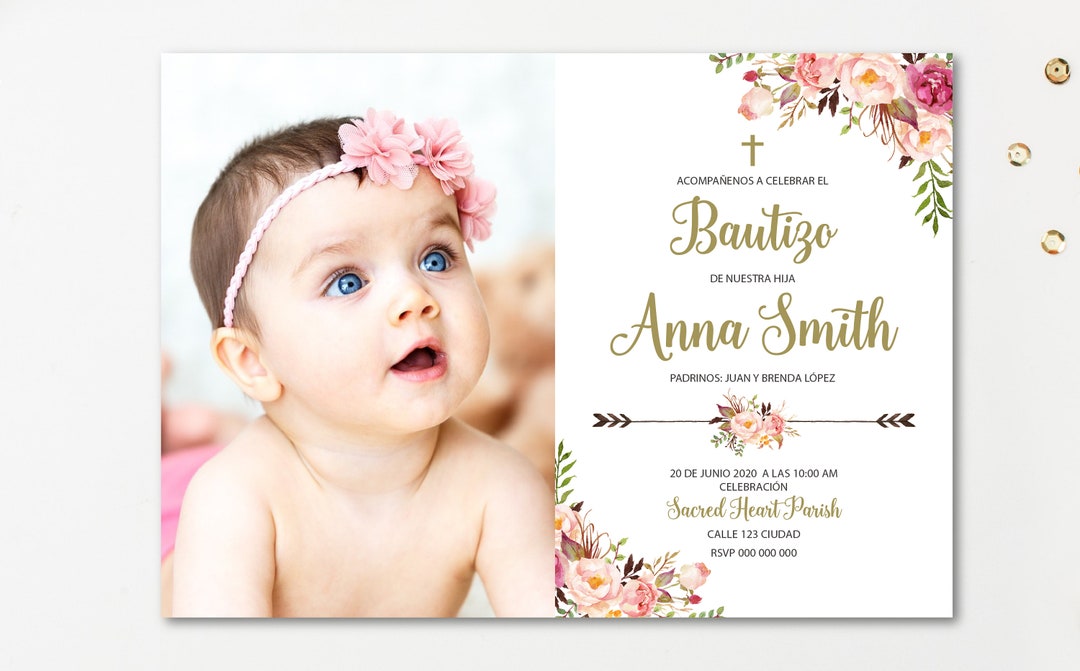Gold Bautizo Invitation, Boho Baptism Invitation Girl, Photo Baptism ...