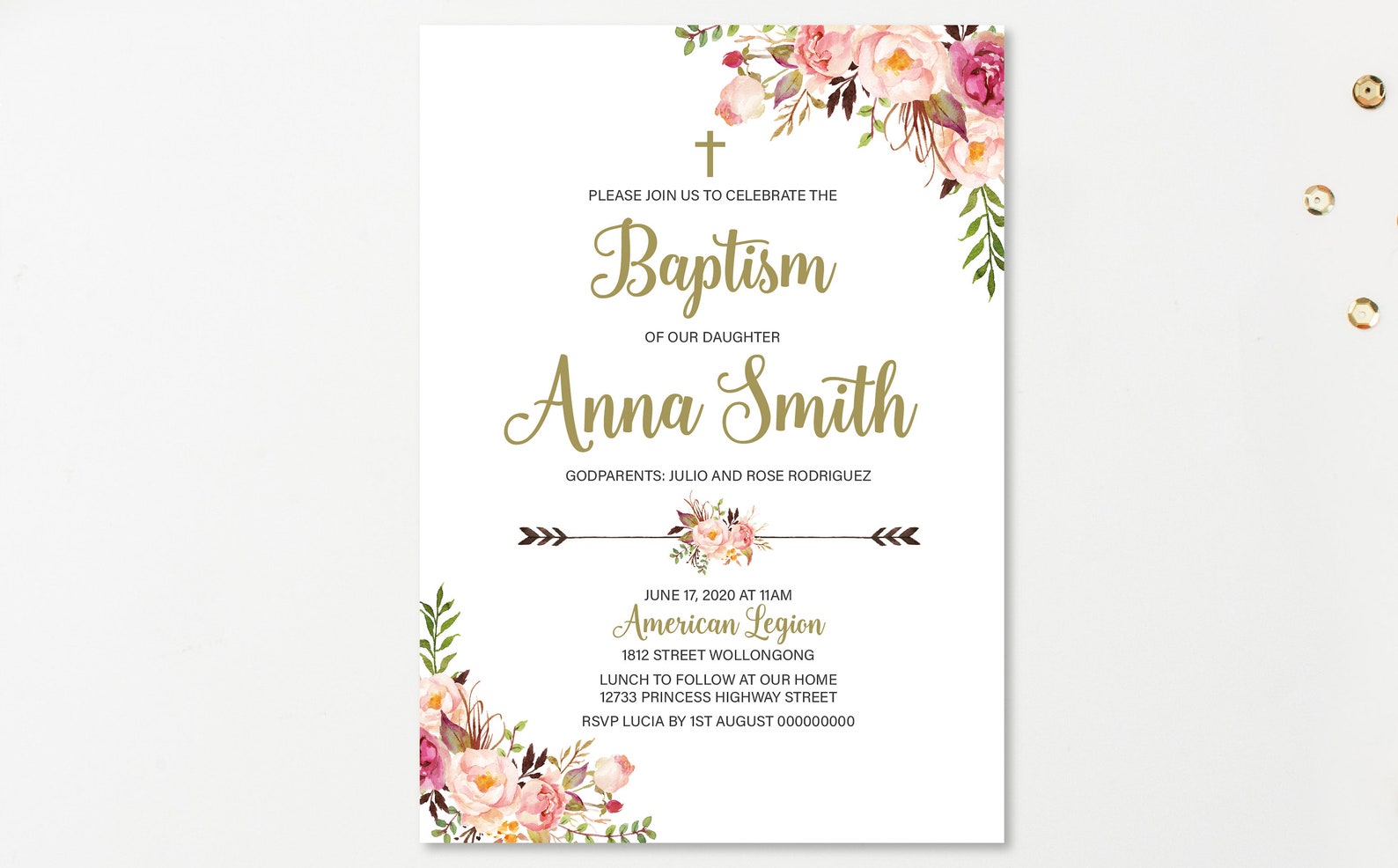 Gold Baptism Invitation Girl, Baptism Invite Printable, Boho Floral ...