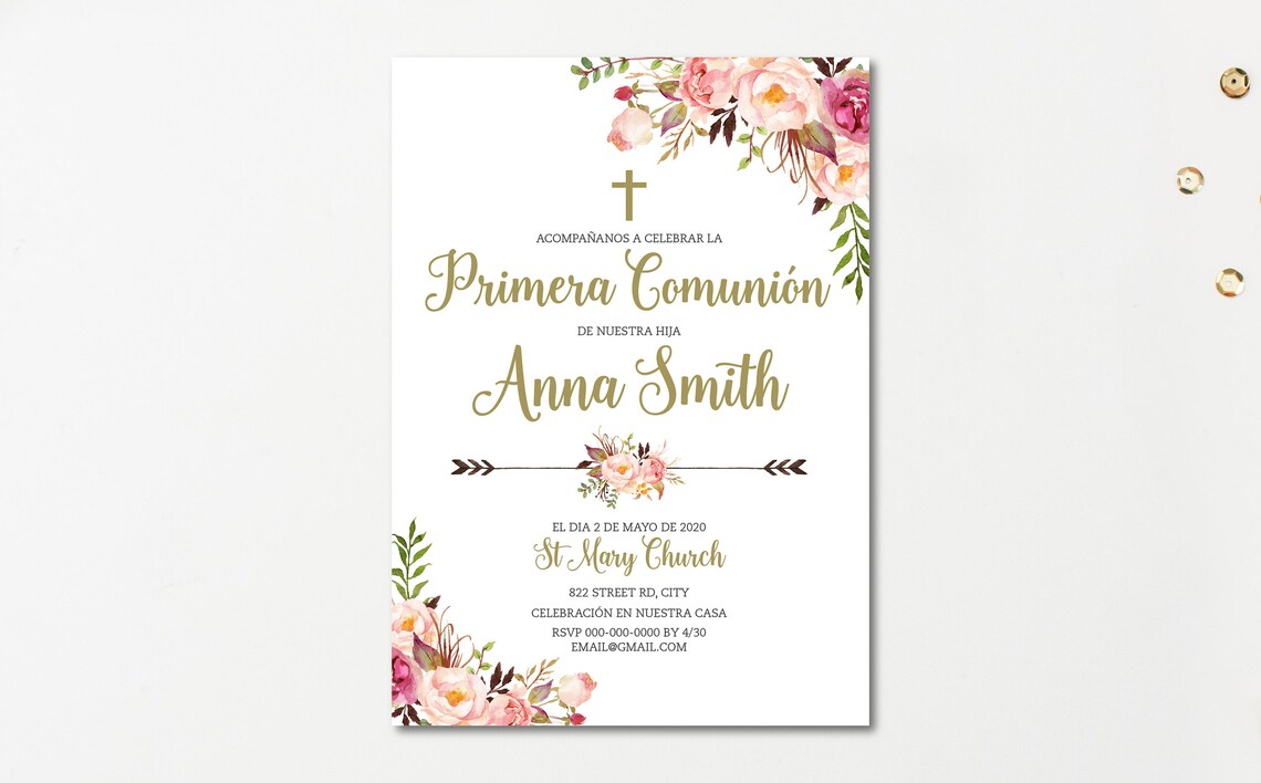 Gold First Communion Invitation Spanish Girl, First Communion ...