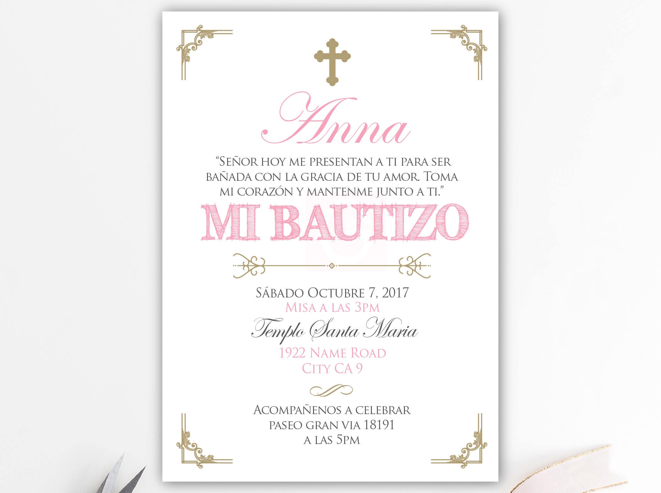 Invitaciones de bautizo invitacion bautizo rosa y dorado - Etsy México