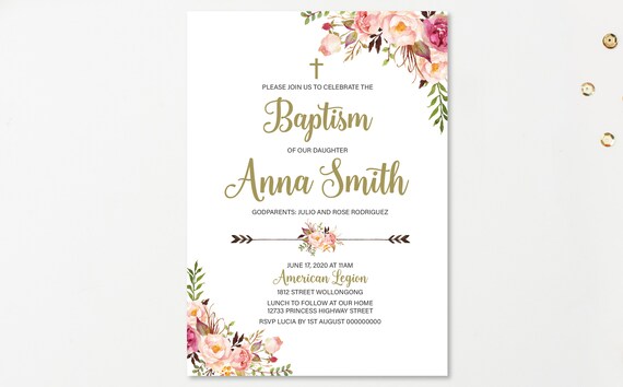 Gold Baptism Invitation Girl Baptism Invite Printable Boho | Etsy