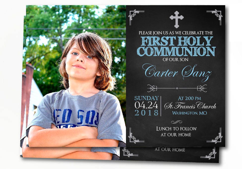 Silver First Communion Invitation Boy, Photo Invitation, First Holy ...