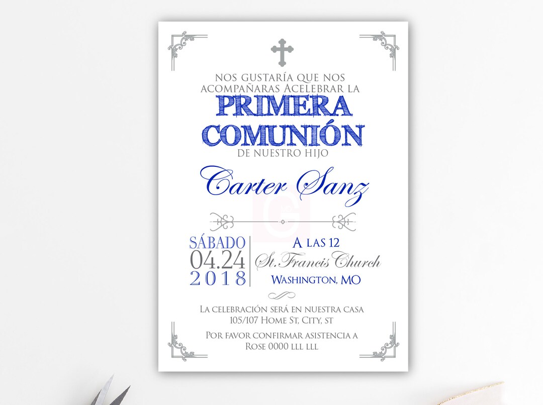 Royal Blue Silver First Communion Invitation Spanish Boy, First ...