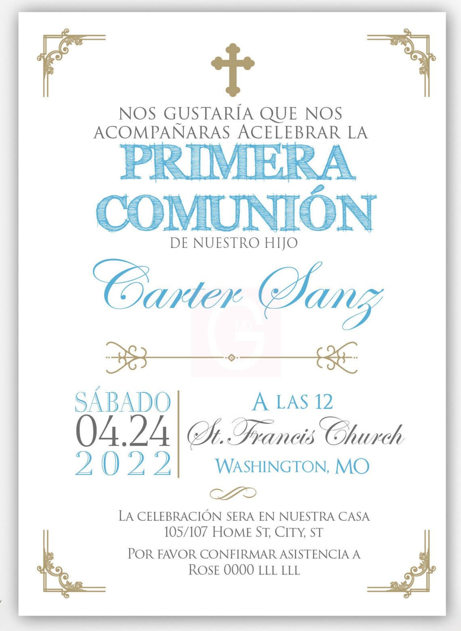 Gold First Communion Invitation Spanish Boy First Communion | Etsy