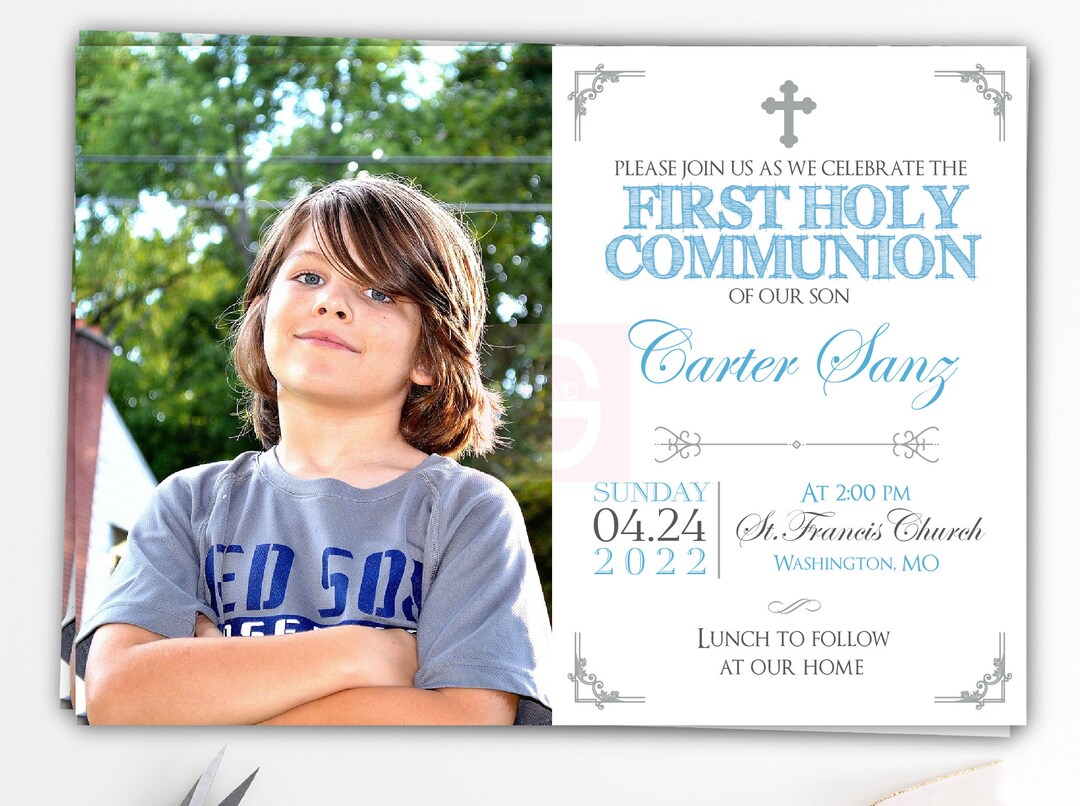 Silver First Communion Invitation Boy, Photo Invitation, First Holy ...