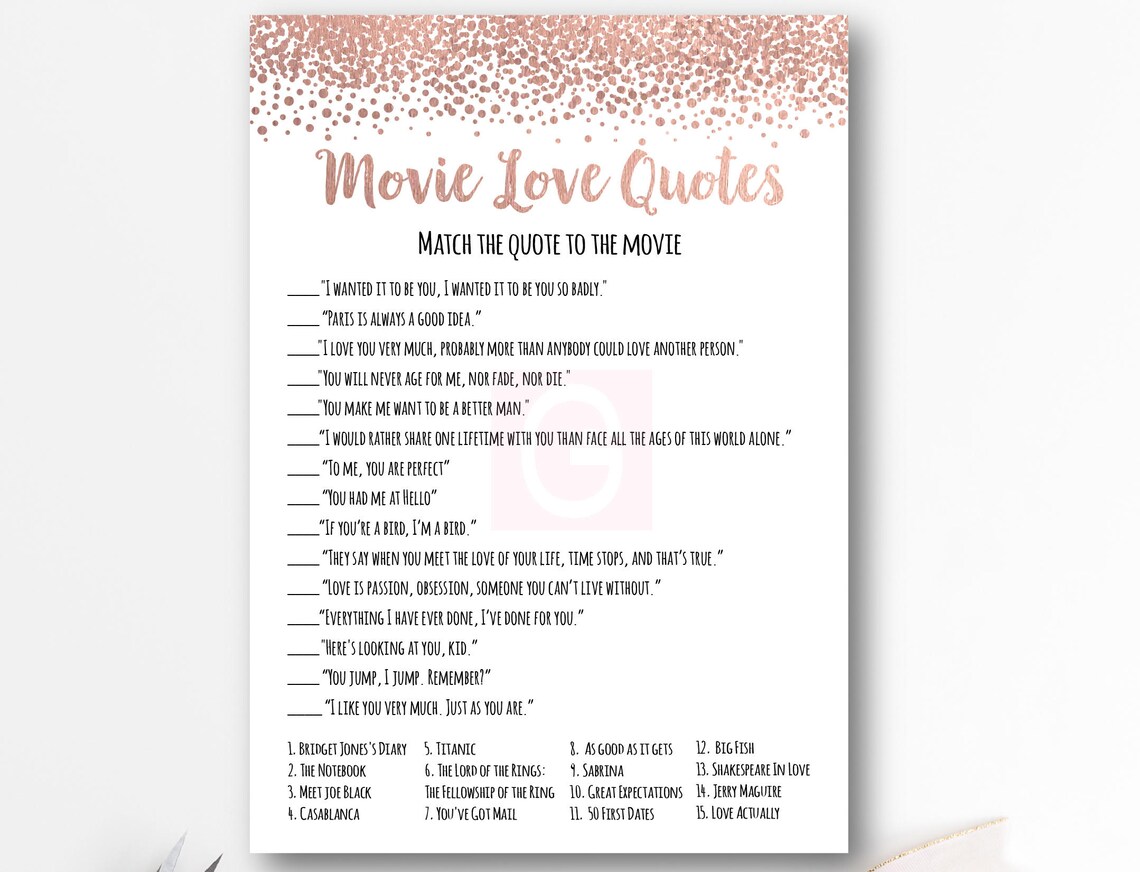 Movie Love Quote Match Game Printable Bridal Shower Movie - Etsy