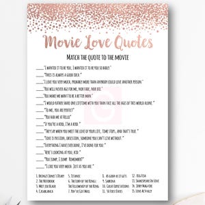 Movie Love Quote Match Game, Printable Bridal Shower Movie Quote Game ...