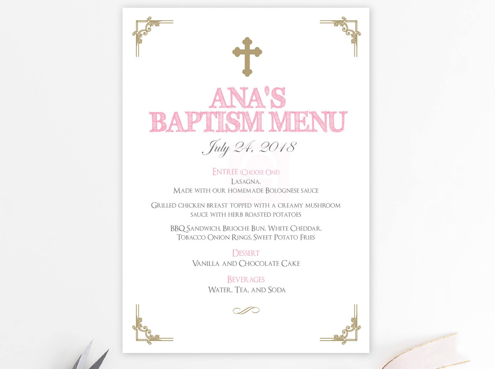 Girl Baptism menu Gold and pink Christening Menu Printable | Etsy
