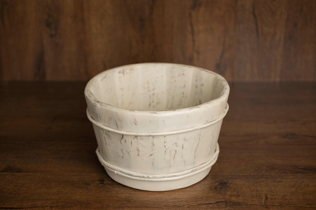 Vintage Ivory Wooden Newborn Photography Bucket – Rustic Baby Prop Wood ...