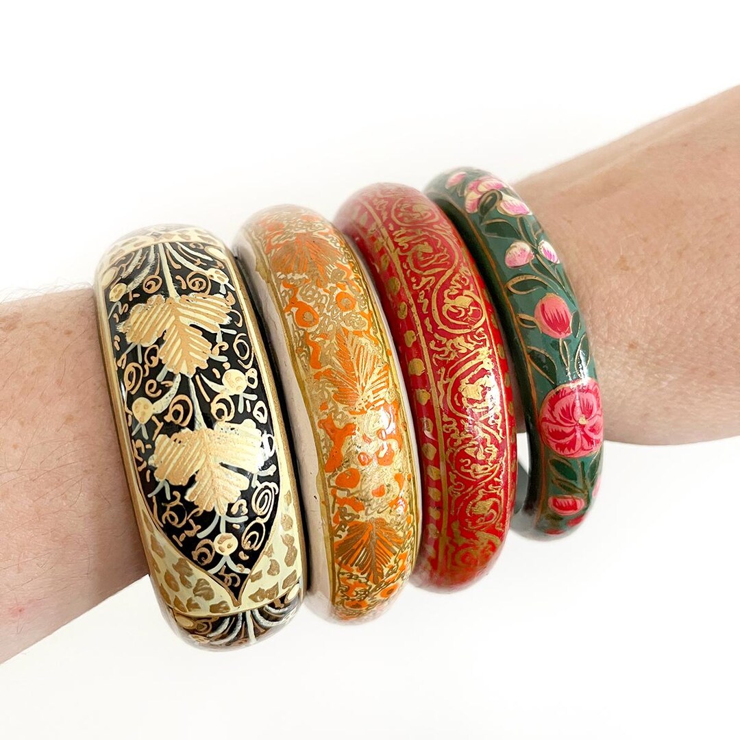4 Hand Painted Kashmir Indian Bangles - Bohemian Boho Eclectic Global Style - Womens Ladies ...