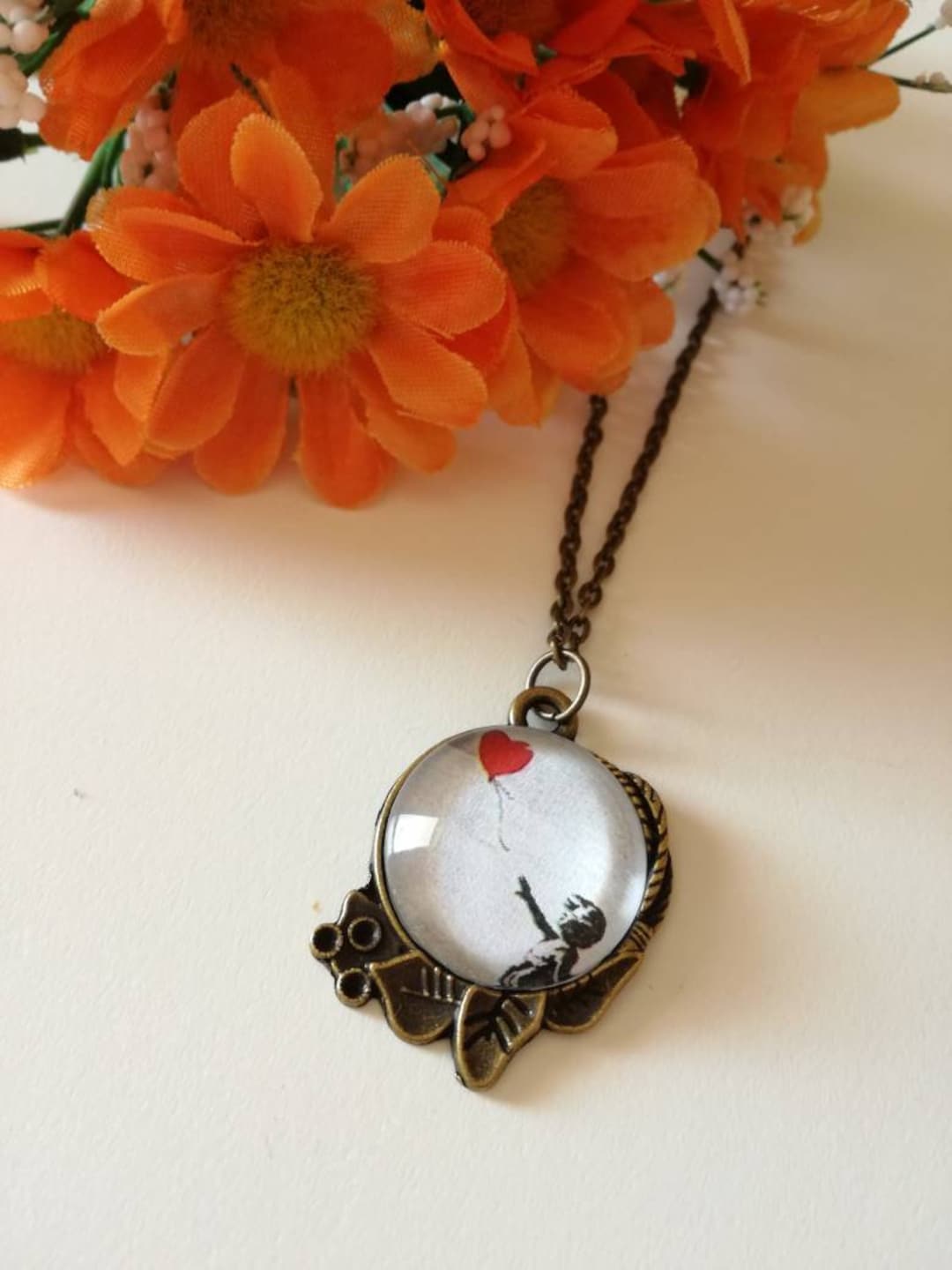 Banksy Crew Neck Necklace With 2cm Hoop Pendant, Cameo Bronze Pendant ...