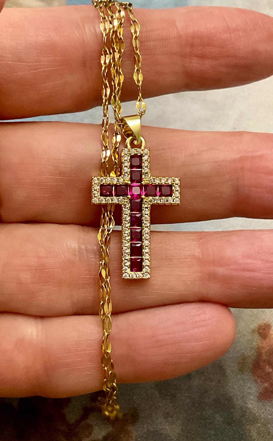 RUBY PRINCESS Cut CROSS Gold Plated Vintage Necklace- Pendant, Chain ...