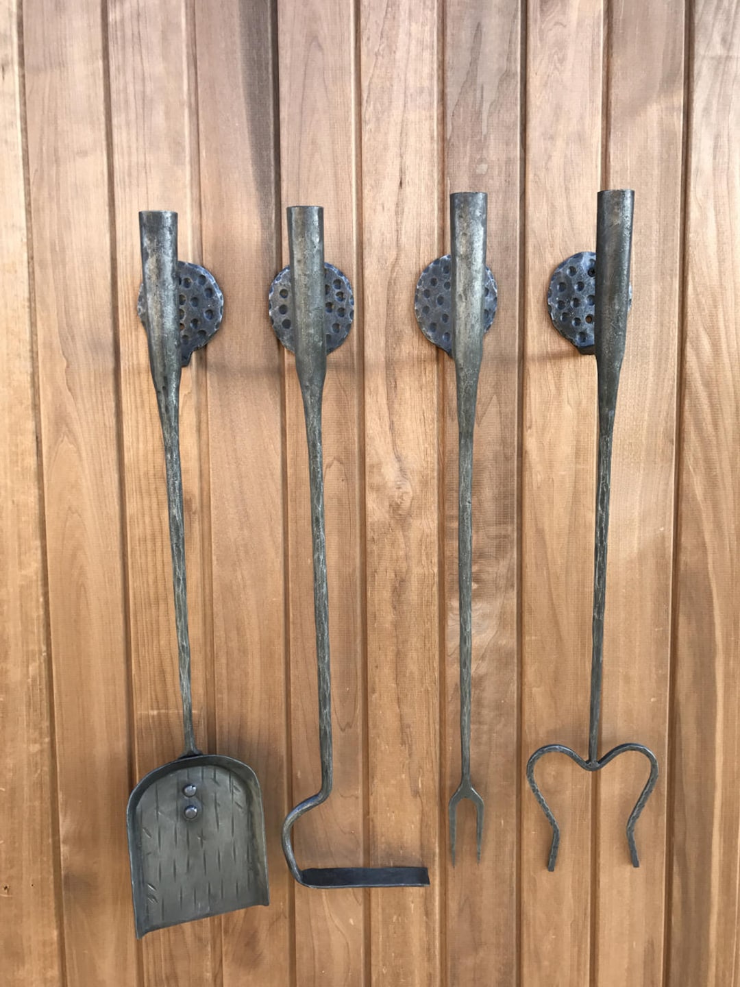 Hand Forged Iron Compact Fireplace Tool Set Poker Tongs Shovel Broom ...