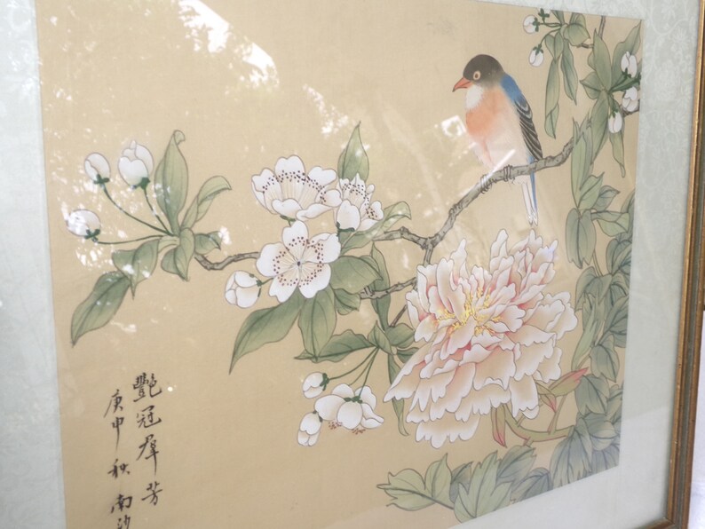 Vintage Oriental Hand Painted Art - Signed Stamped - Bird and Flowers ...