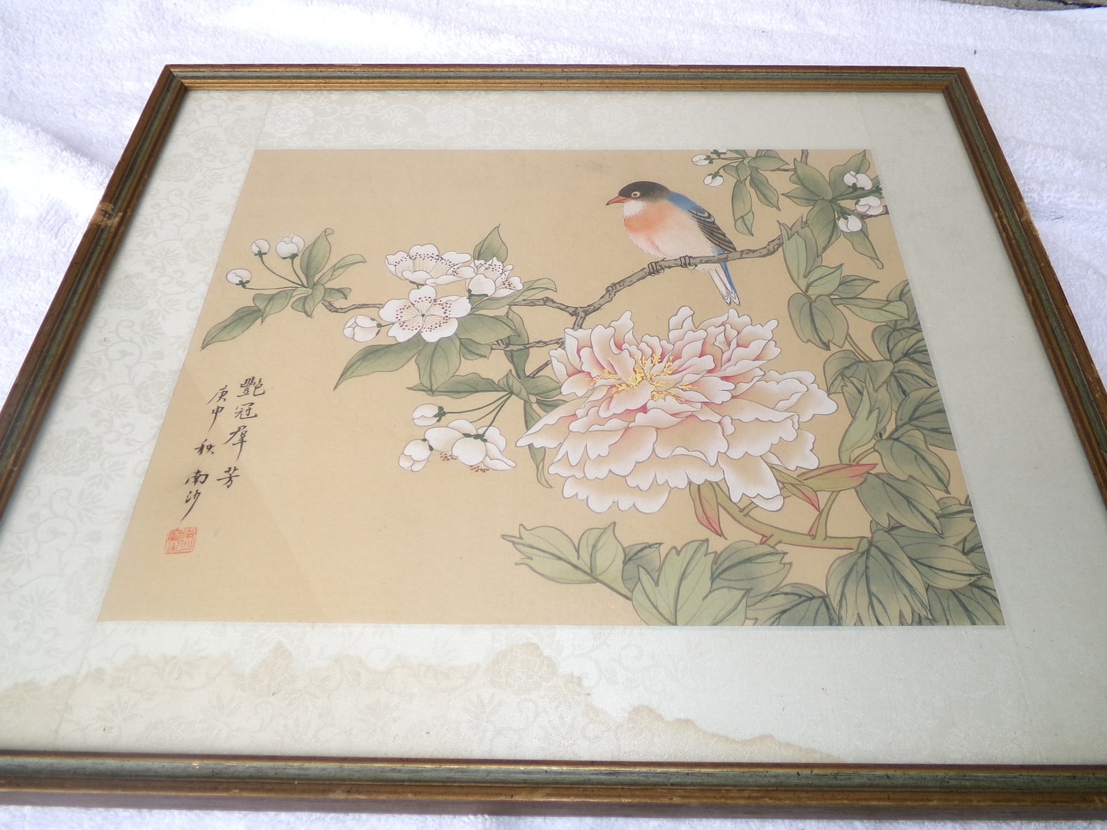 Vintage Oriental Hand Painted Art - Signed Stamped - Bird and Flowers ...