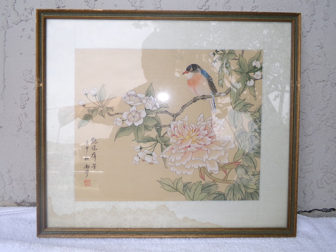 Vintage Oriental Hand Painted Art - Signed Stamped - Bird and Flowers ...