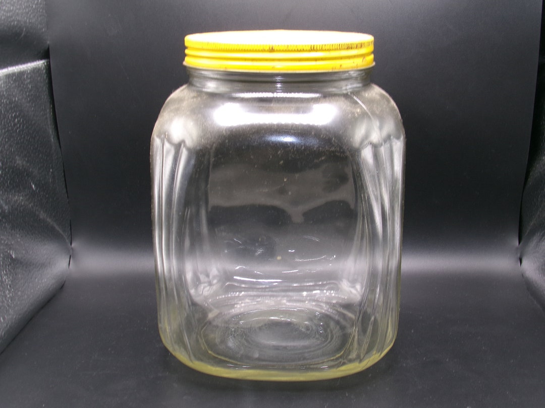 Vintage Large Glass Jar Yellow Lid - Etsy