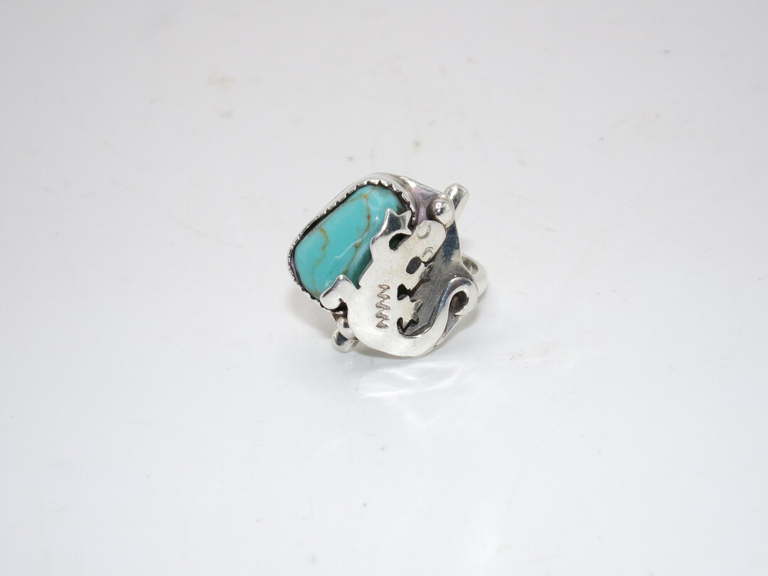 Vintage Sterling Silver Ring With Lizard & Turquoise - Arte Navajo ...
