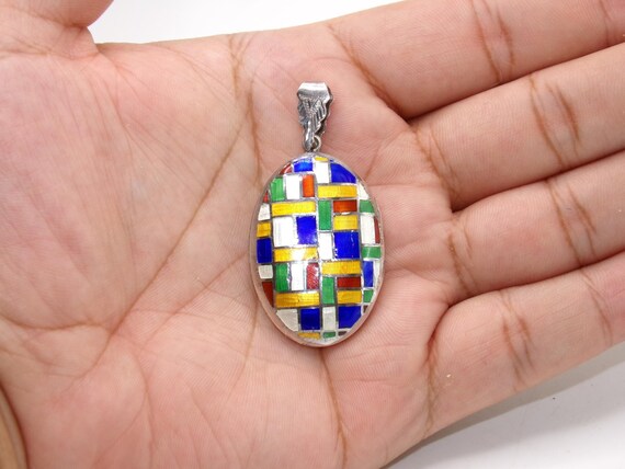 Vintage Sterling Enamel Chased Geometrical Locket - Gem