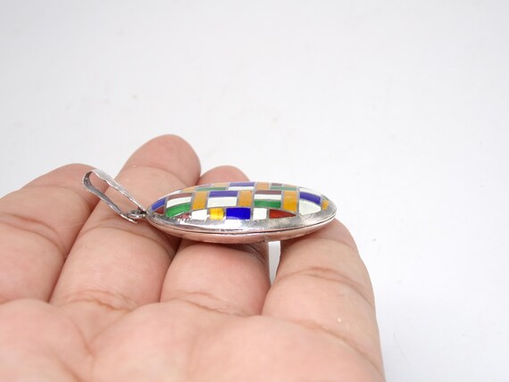 Vintage Sterling Enamel Chased Geometrical Locket - Gem