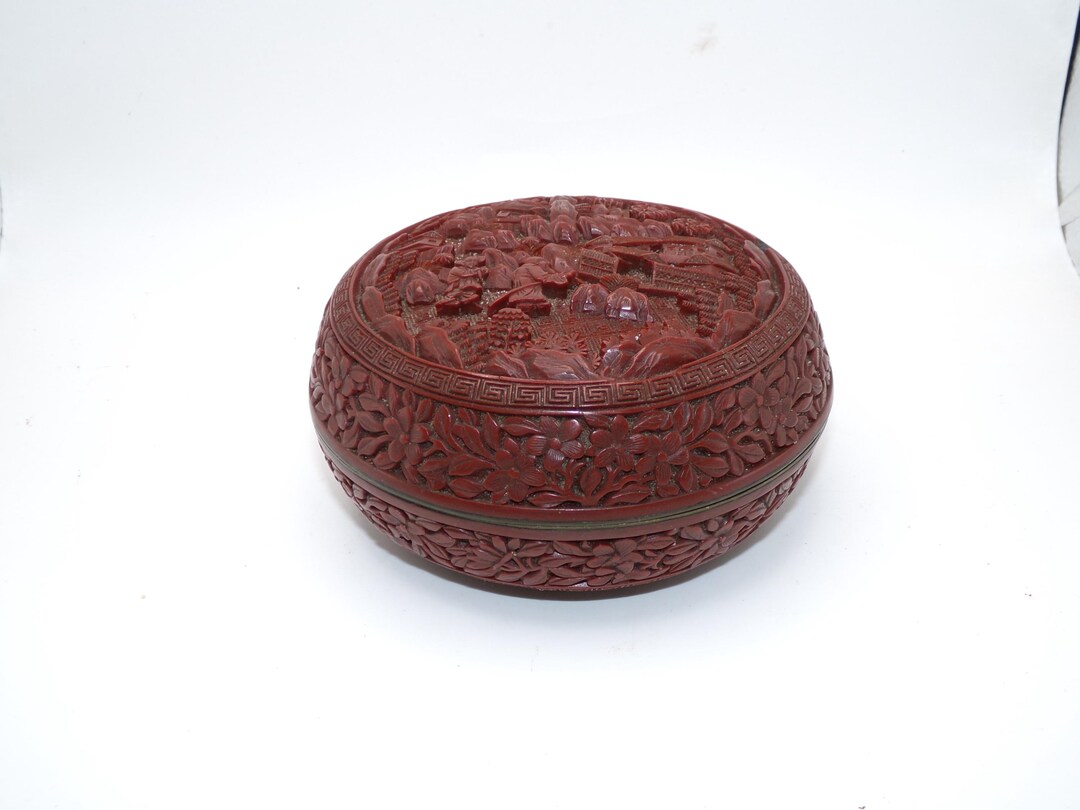Antique Chinese Cinnabar Lacquer Box – Hand-carved Scenic and Floral ...