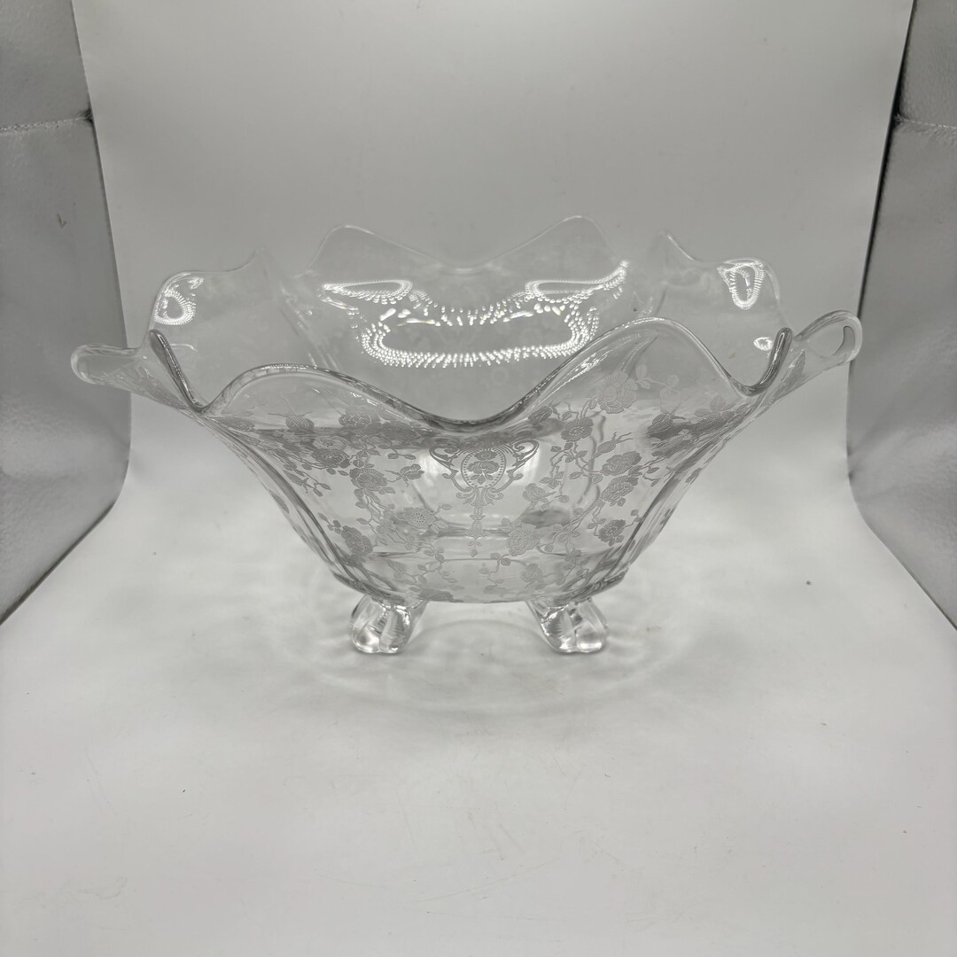 Vintage Cambridge Crystal Rose Point 12"x 10" 4 Footed Flared Console ...