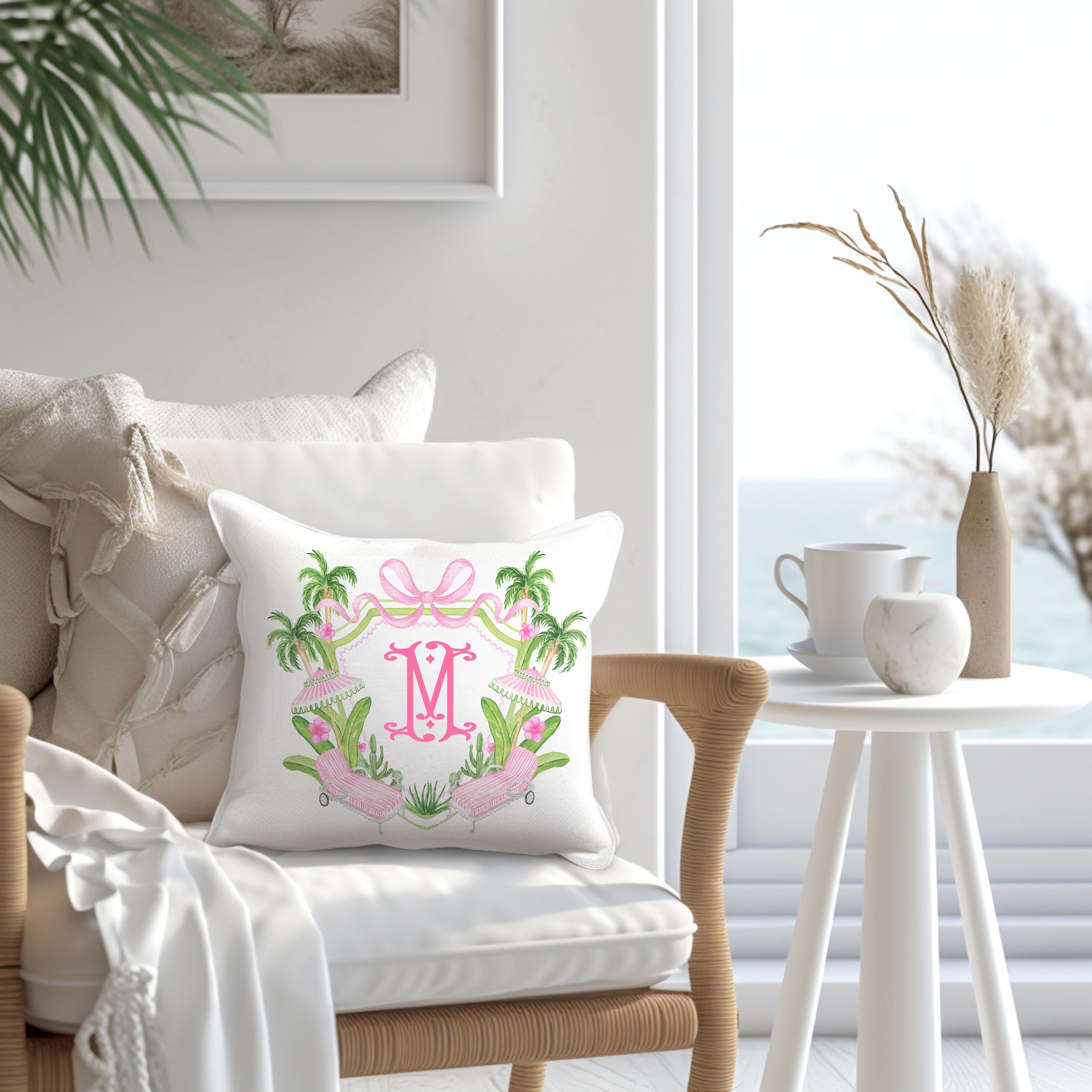 PALM BEACH MONOGRAM Crest Pillow Cover, Personalized Tropical Crest ...