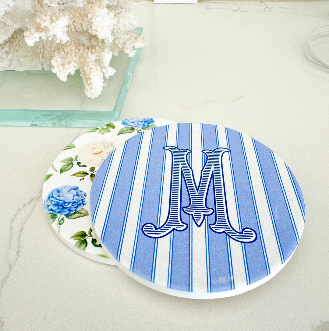 BLUE AND WHITE Monogram Coaster Set, Blue and White Lover, Preppy Monogram, Round Coaster Set ...