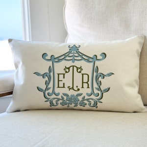 MONOGRAM PILLOW COVER, Coastal Blue and Grove Pagoda Frame, Chinoiserie ...