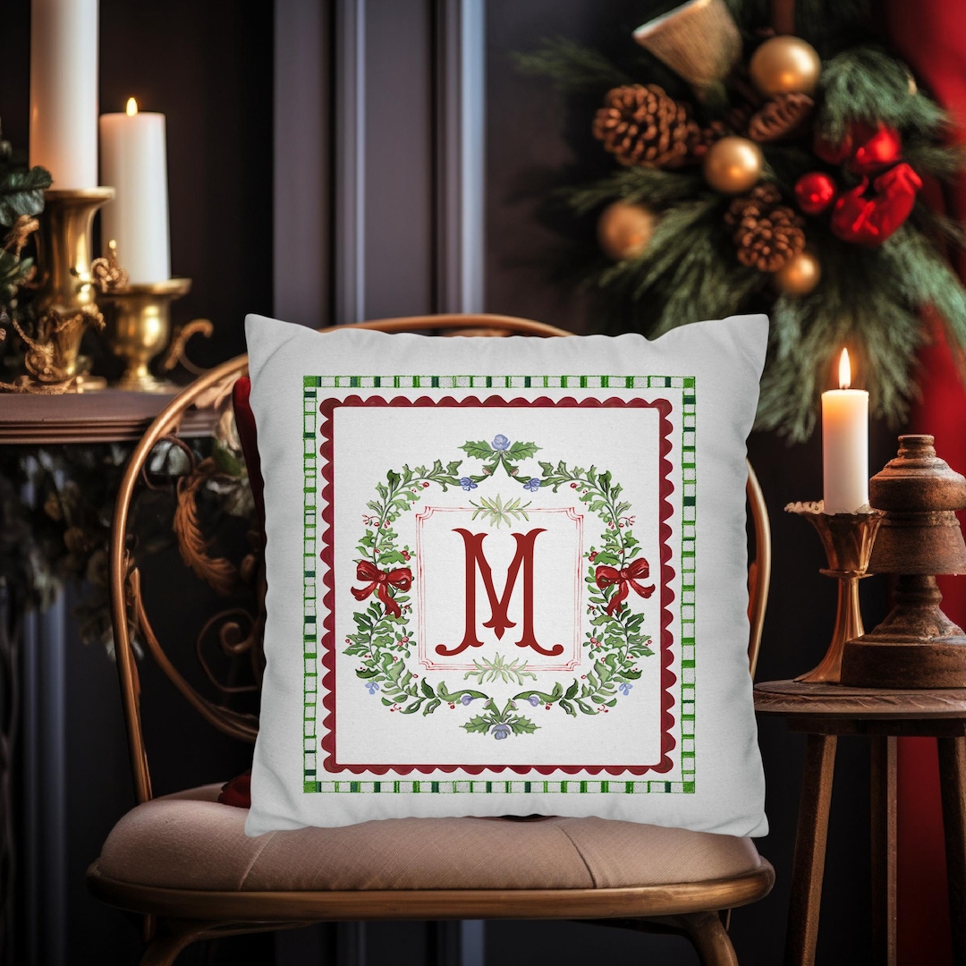 Monogram Crest Holiday Pillow Cover, Personalized Christmas Decor ...