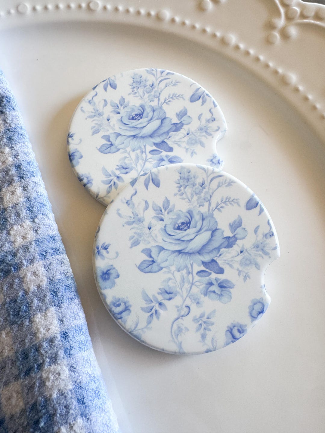 BLUE ROSE TOILE Car Coaster Set, Grandmillennial Car Accessories, Blue ...