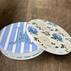 BLUE AND WHITE Monogram Coaster Set, Blue and White Lover, Preppy Monogram, Round Coaster Set ...