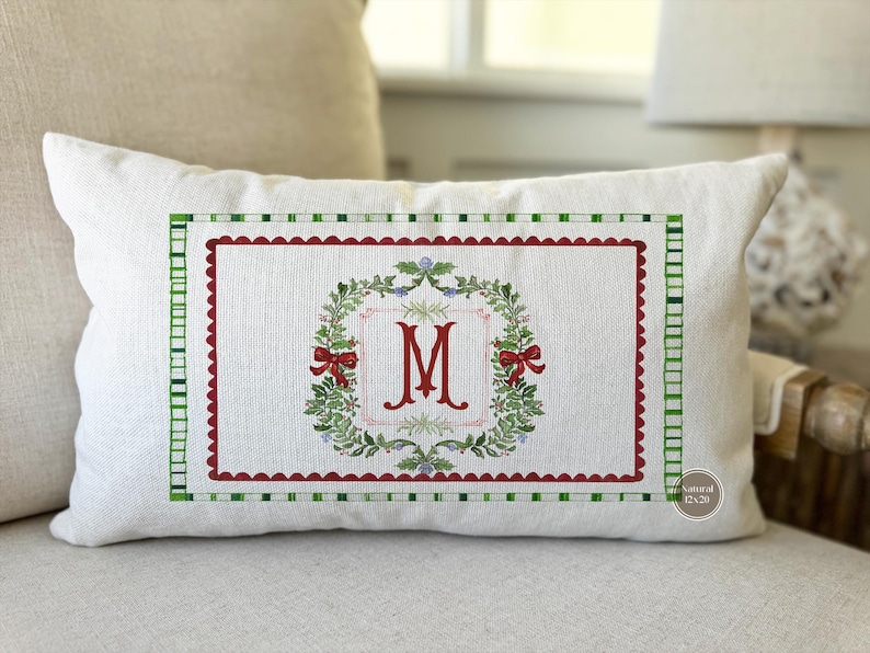 Monogram Crest Holiday Pillow Cover, Personalized Christmas Decor ...