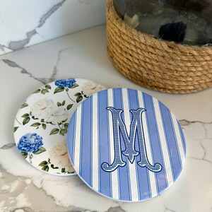 BLUE AND WHITE Monogram Coaster Set, Blue and White Lover, Preppy Monogram, Round Coaster Set ...