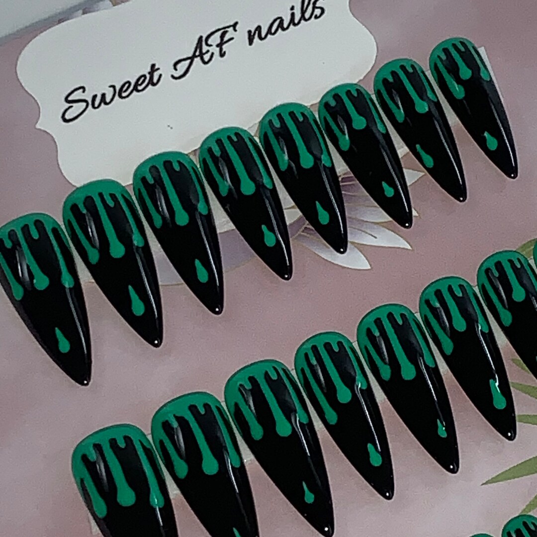 Halloween Alien Green Blood Drip Goth Long Stiletto Press on Nails - Etsy
