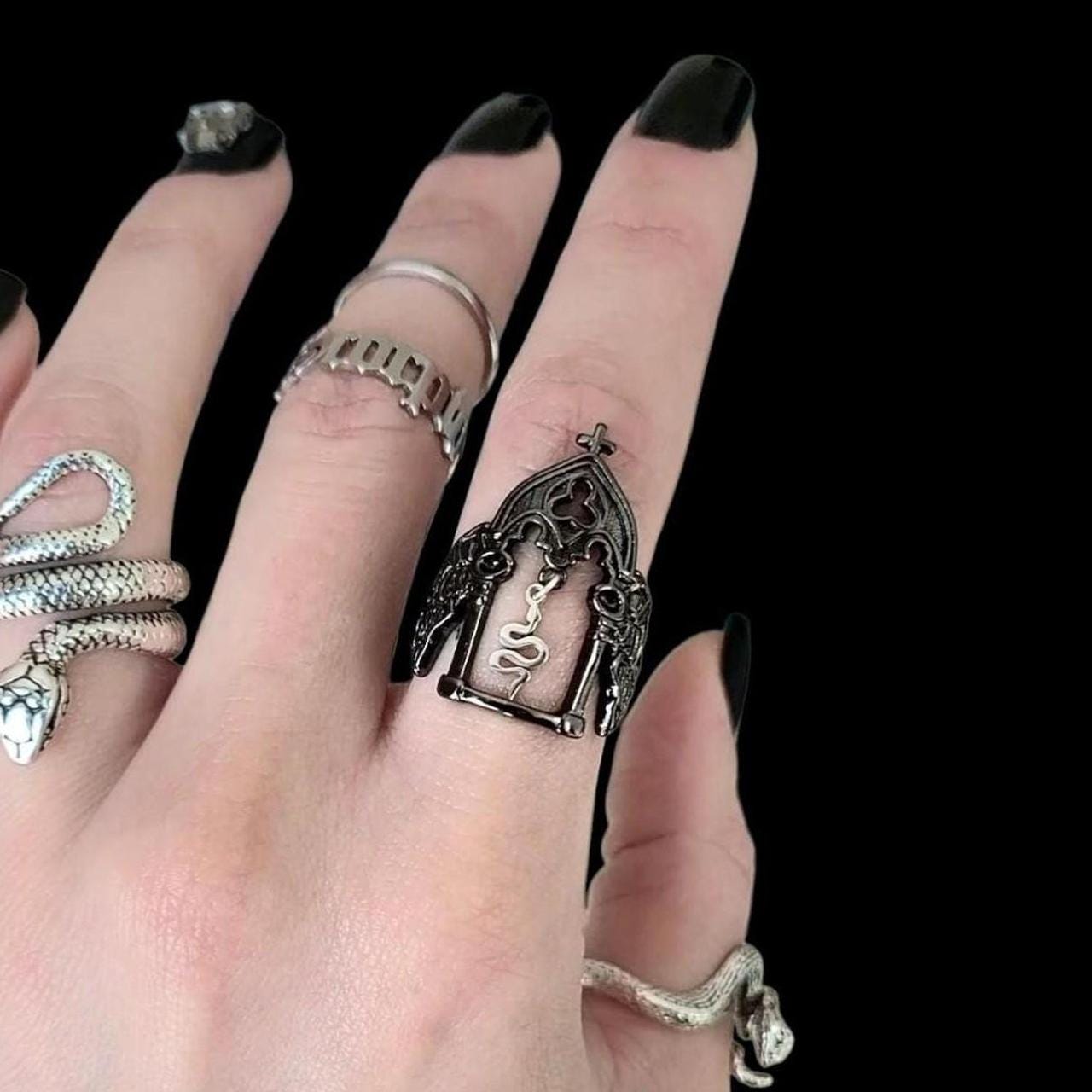 Black Silver Snake Cathedral Arch Ring - Etsy