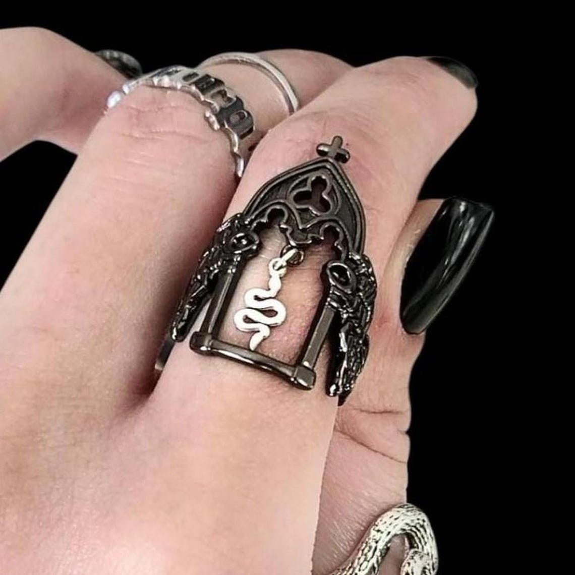 Black Silver Snake Cathedral Arch Ring - Etsy