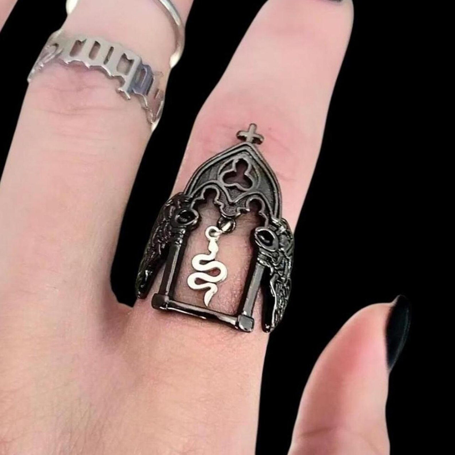 Black Silver Snake Cathedral Arch Ring - Etsy