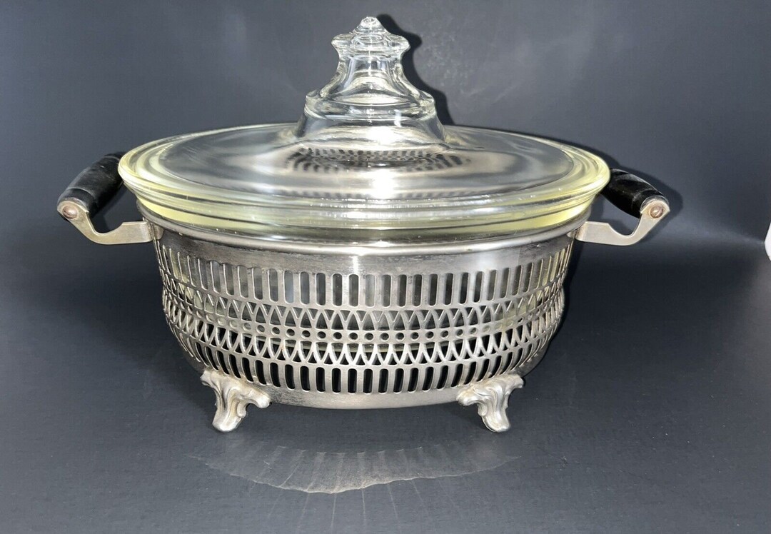 Antique 1920s Pyrex Oval Casserole With With Lid & Silver Chrome Cradle ...