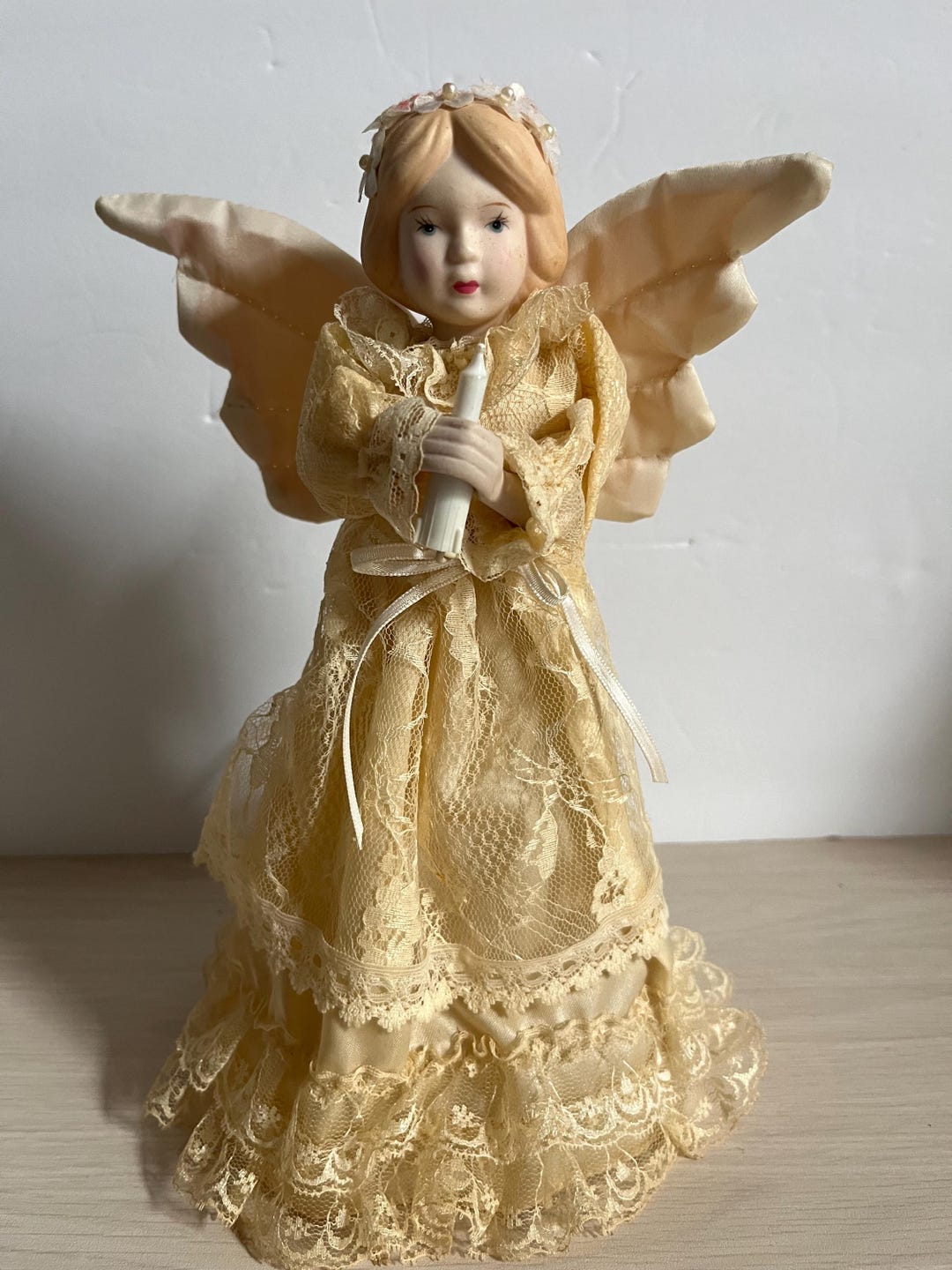 Vintage Merry Midget Angel Christmas Tree Topper 10” Tall Ivory Dress ...