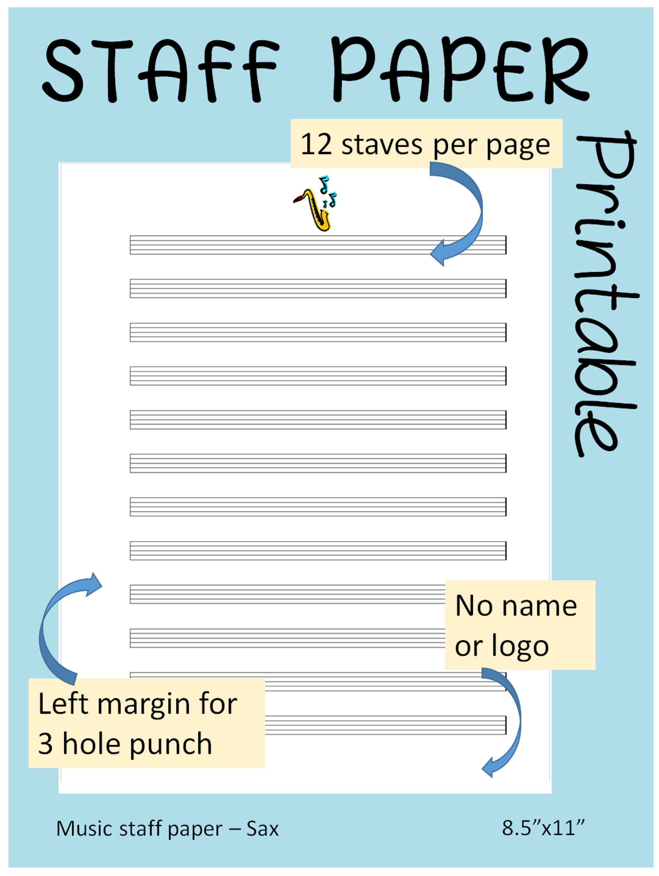 SAXOPHONE Printable Sheet Music Paper | Instant Download | Blank Staff ...