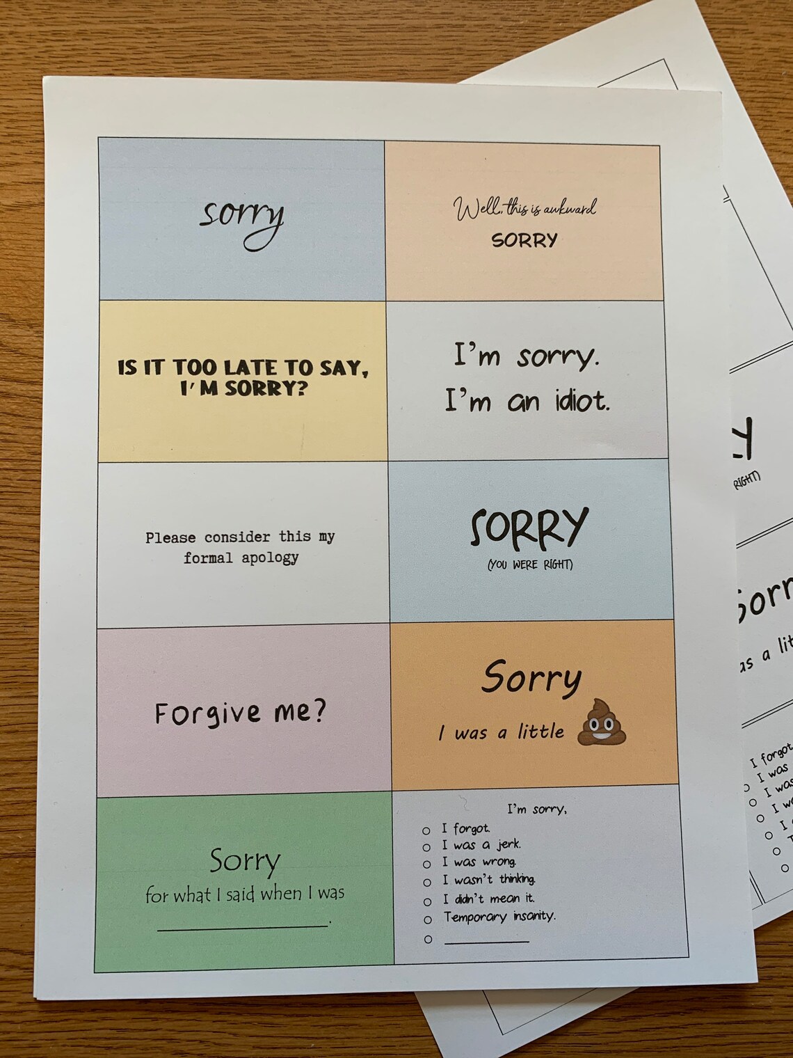 Printable Apology Mini Cards, Set of 10, Instant Download, I'm Sorry ...