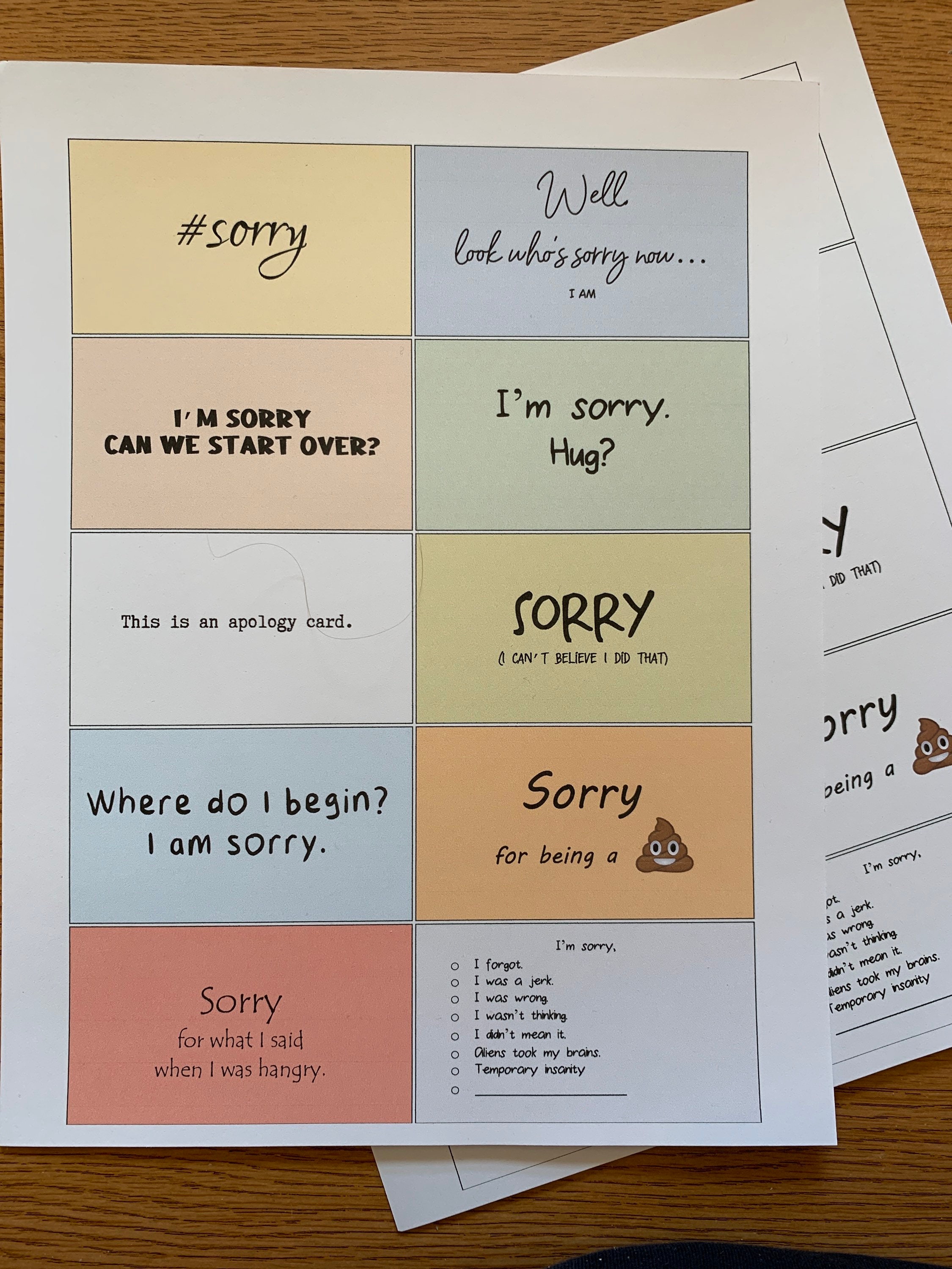 Printable Apology Mini Cards, Set of 10, Instant Download, I'm Sorry ...