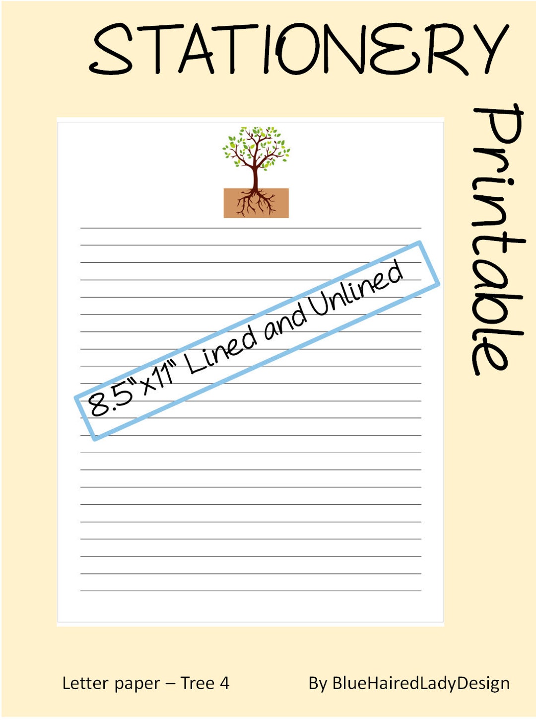 Tree W/roots Printable Stationery Paper | 8.5"x11" | Lined Unlined ...